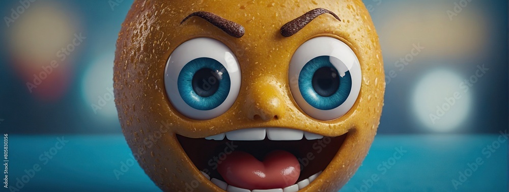 A close-up of a surprised emoji with wide eyes and open mouth on a blue ...