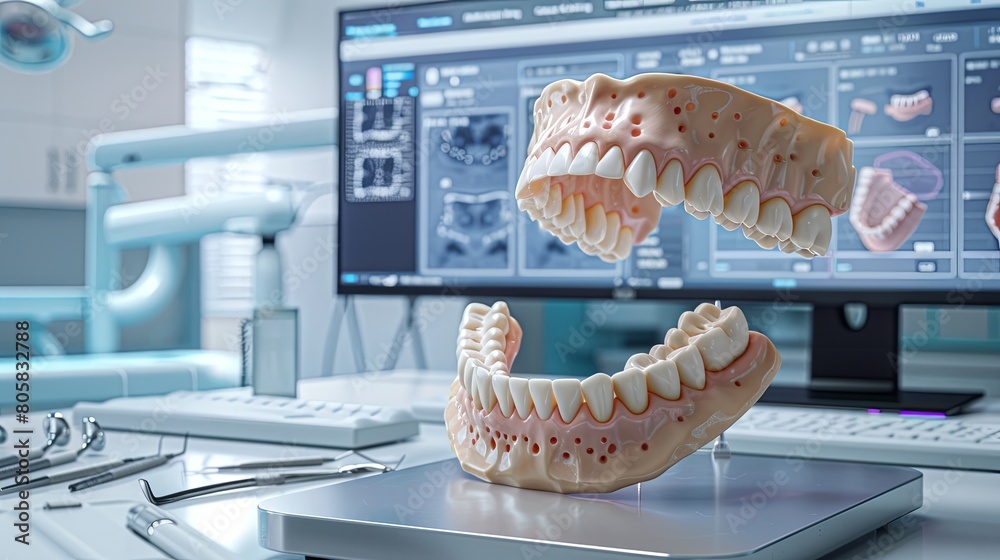 A 3D model of a human mouth placed on top of a laptop computer screen ...