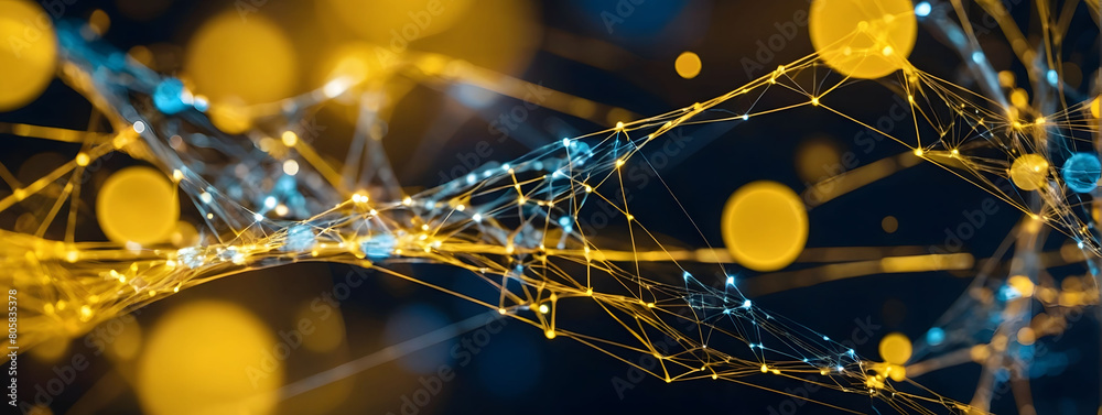 Banner with yellow abstract background displaying a network grid and ...