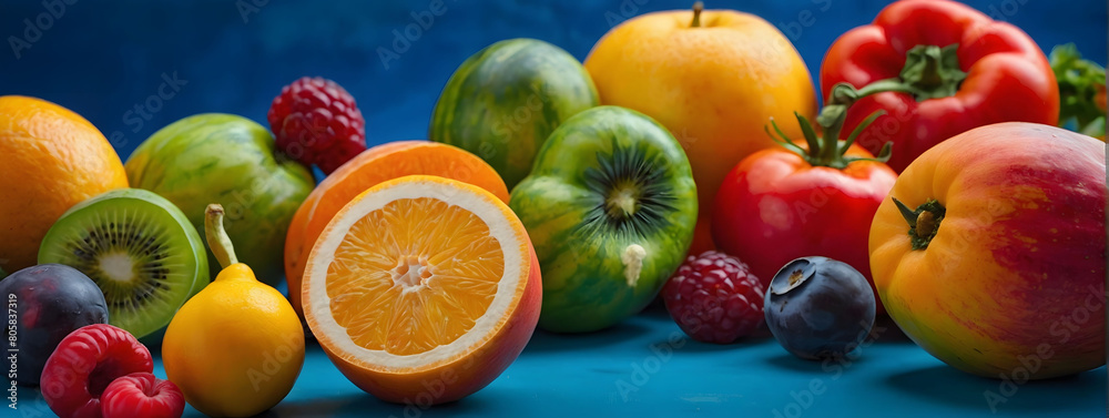 Bright and cheerful image of an eclectic mix of fruits and vegetables arranged against a vibrant ...
