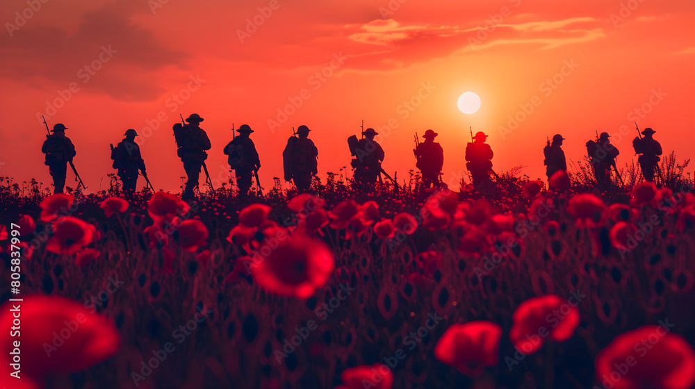 Silhouettes of soldiers at a poppy field on Remembrance Day, honoring ...
