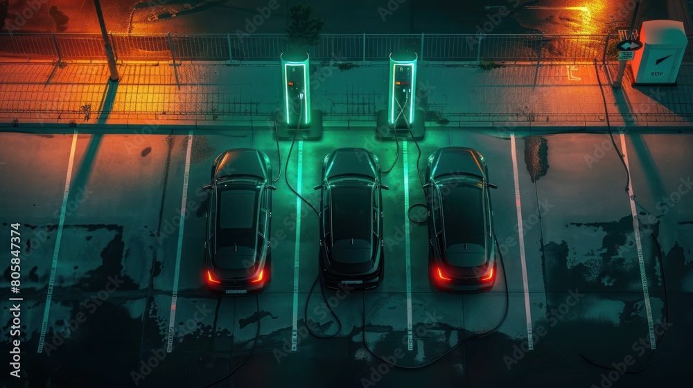 Aerial top view of a green energy charging station advancing electric ...