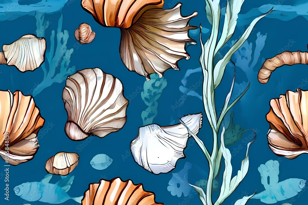 Seamless marine life drawing with sea shells and clams pattern. Stock ...