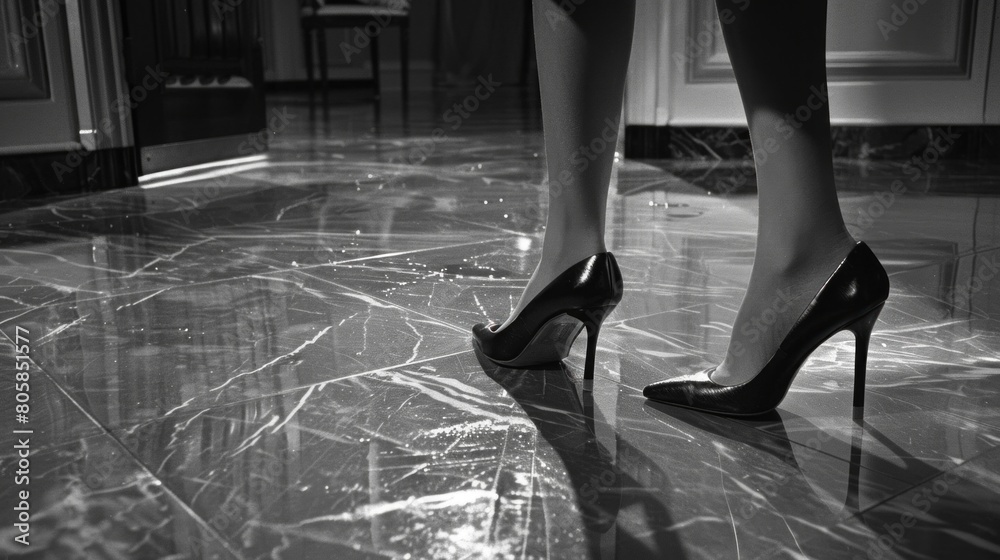 The click-clack of high heels on linoleum floors, echoing the ...