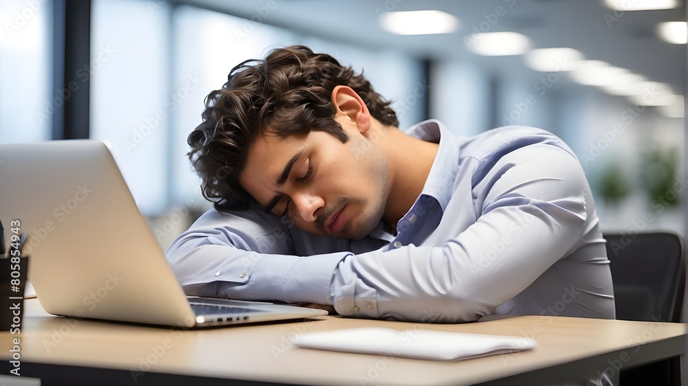 A worker at an office falls asleep at their desk, leaning on their arm ...