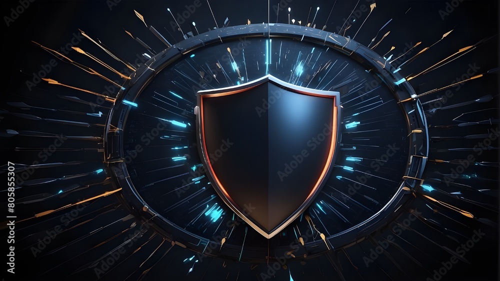 An image of a shield with copy space and digital arrows surrounding it ...