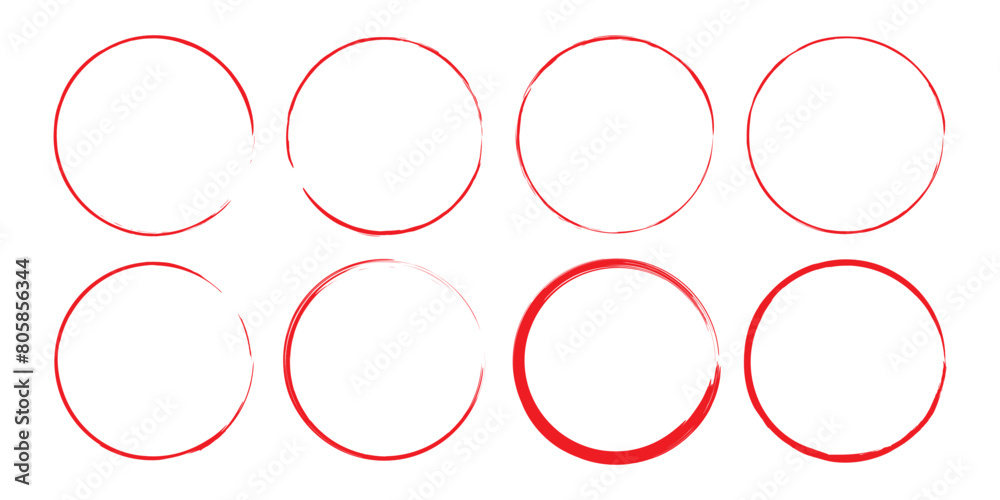 Red circle line hand drawn set. Highlight hand drawing circle isolated ...