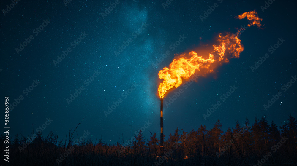 Flare Stack: A flare stack burning off excess gas at an oil production ...