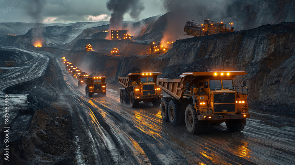 Oil Sands Extraction: Massive mining trucks hauling tar sands from open ...