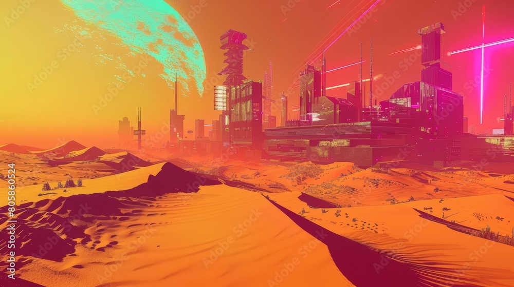 Amidst the desert dunes of a distant planet, retrofuturistic ...