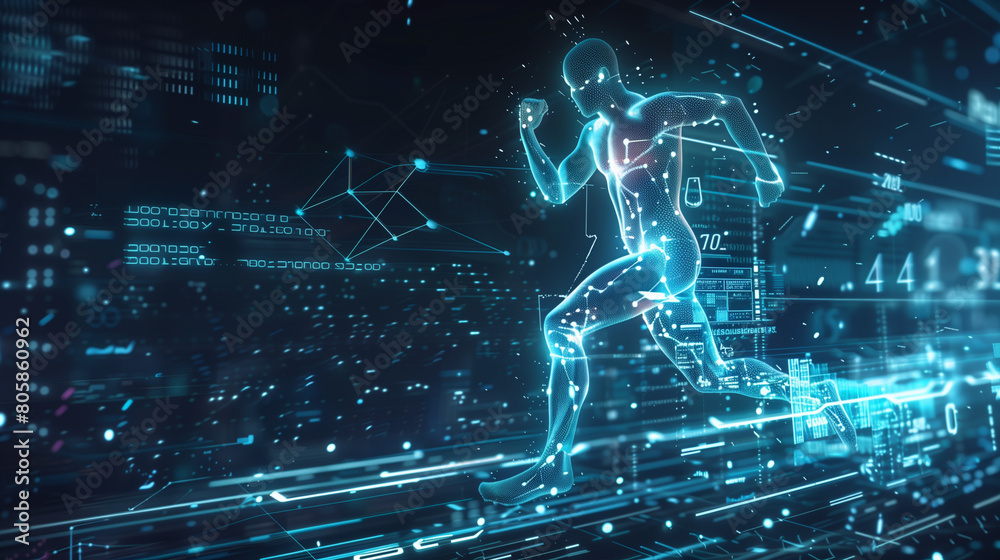 Futuristic digital representation of a running human figure with data ...
