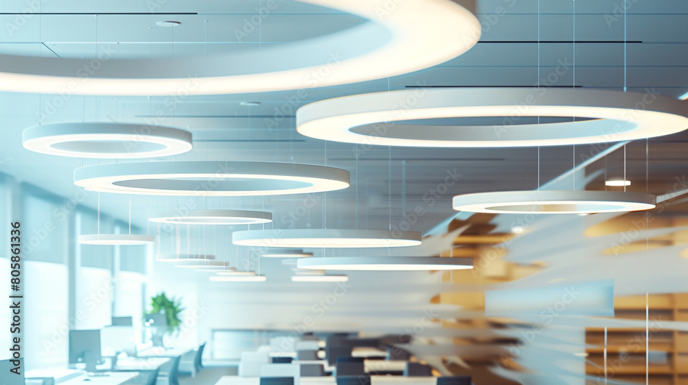 A decorative office ceiling with a suspended design featuring multiple ...