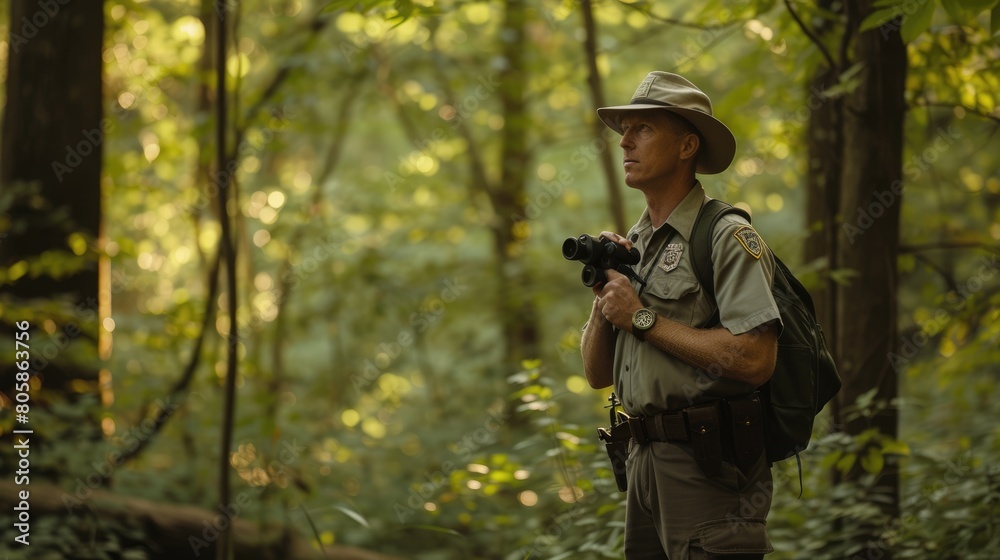 Professional explorer looking around and holding binocular at dark ...