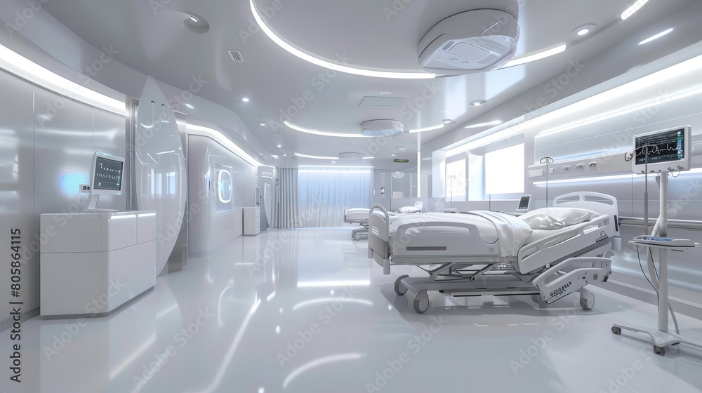 The 3D architecture of a futuristic hospital boasts sleek, modern ...