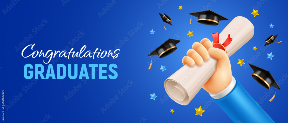 Congratulations Graduates. Celebration banner with a hand holding a ...