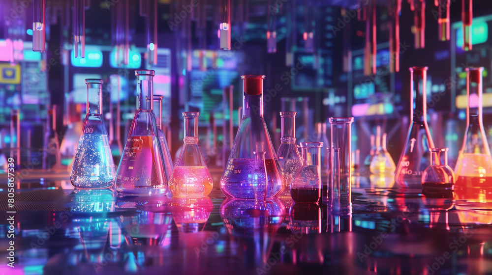 Laboratory glassware filled with colorful liquids, surrounded by ...