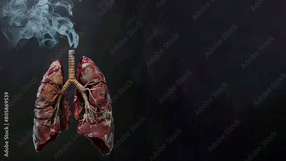 Lungs of a smoker. Medical 3D poster. Human lungs are shrouded in smoke ...
