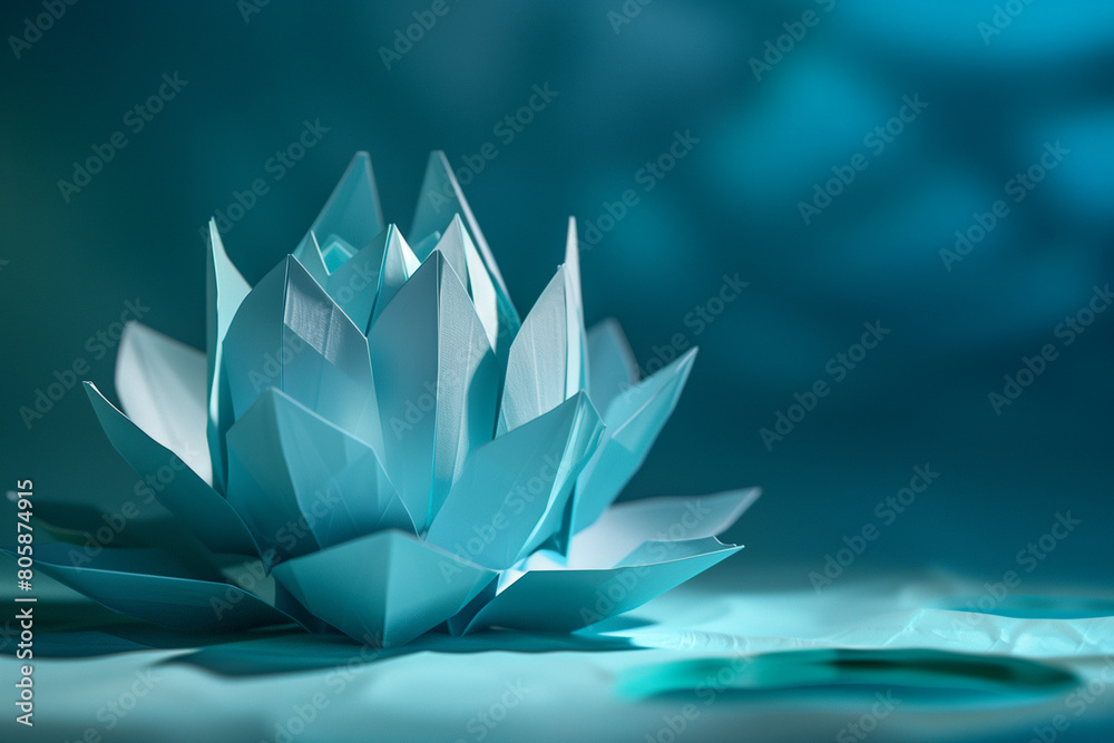 Volumetric paper lotus in origami style on turquoise background ...
