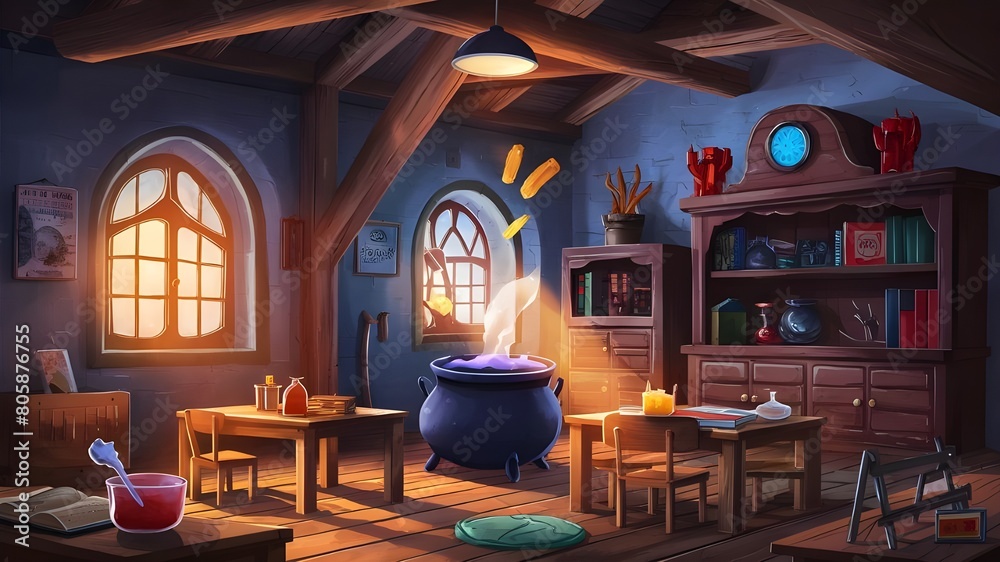 Magic wizard school classroom interior. Cartoon medieval schoolhouse ...