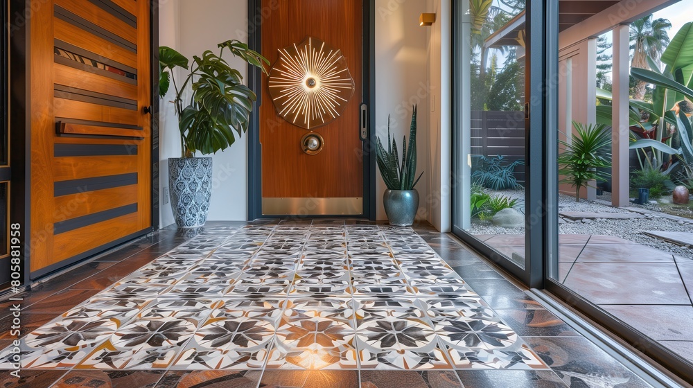 Mid-Century Modern entrance with a patterned tile floor and a starburst ...