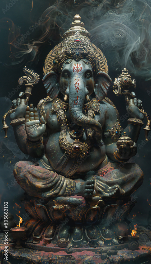 Vertical recreation of Ganesha deity hinduist with spiritual atmosphere ...