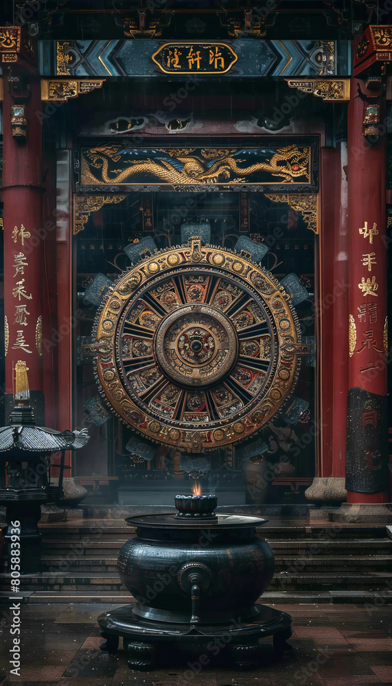 Vertical recreation of Wheel of Dharma symbol in a ancient temple Stock ...