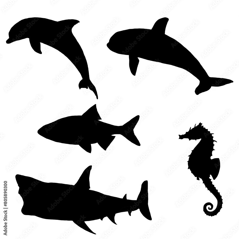 Black Sea Animals Set | Sea Animals Pack | Sea Animals Collection Stock ...