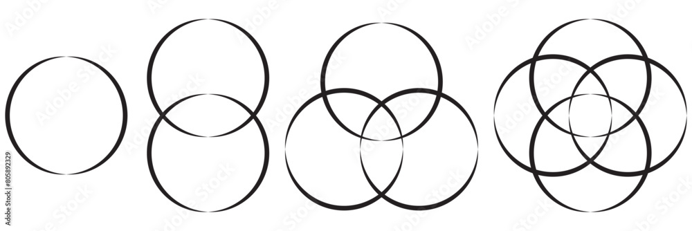 Simple overlapping circles vector drawing, version with three to seven objects, also interlocked ...