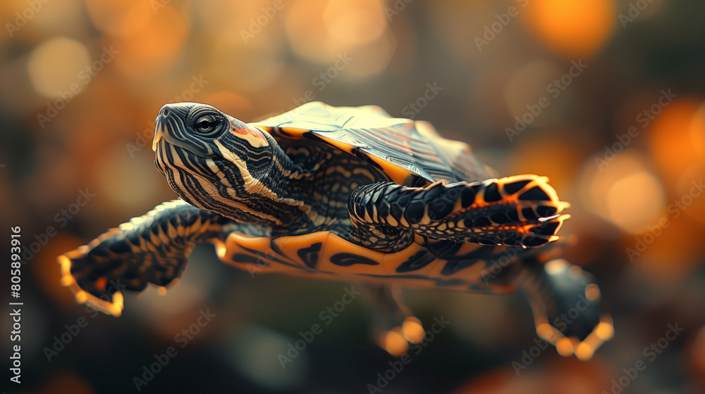 A turtle is flying through the air. The turtle is black and yellow ...