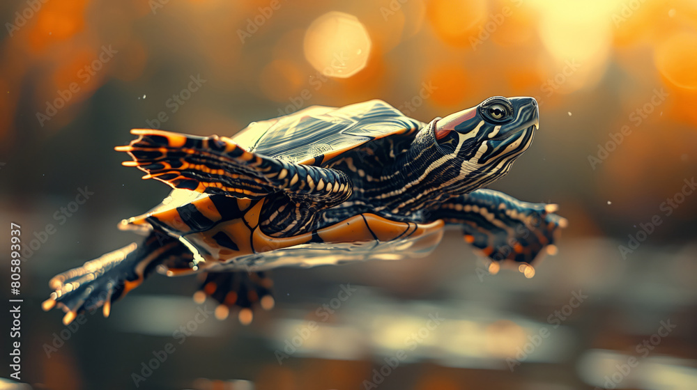 A turtle is flying through the air. The turtle is black and yellow ...