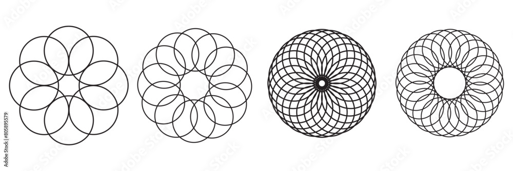 Simple overlapping circles vector drawing, version with three to seven objects, also interlocked ...