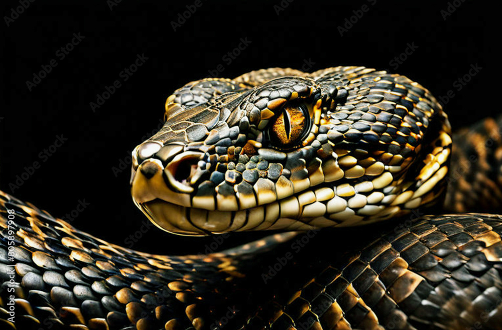 Snake with beautiful brown skin texture on a black background. Head of ...
