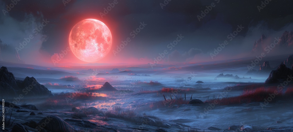 A serene landscape at twilight with a large red moon dominating the sky ...