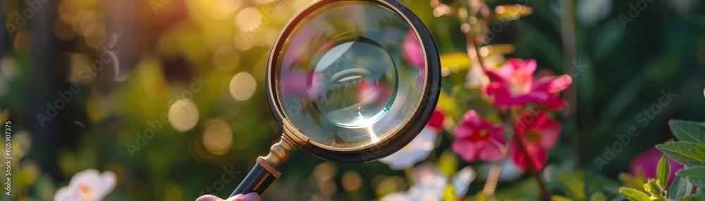 Botanist using a large, oldfashioned magnifying glass to examine summer ...