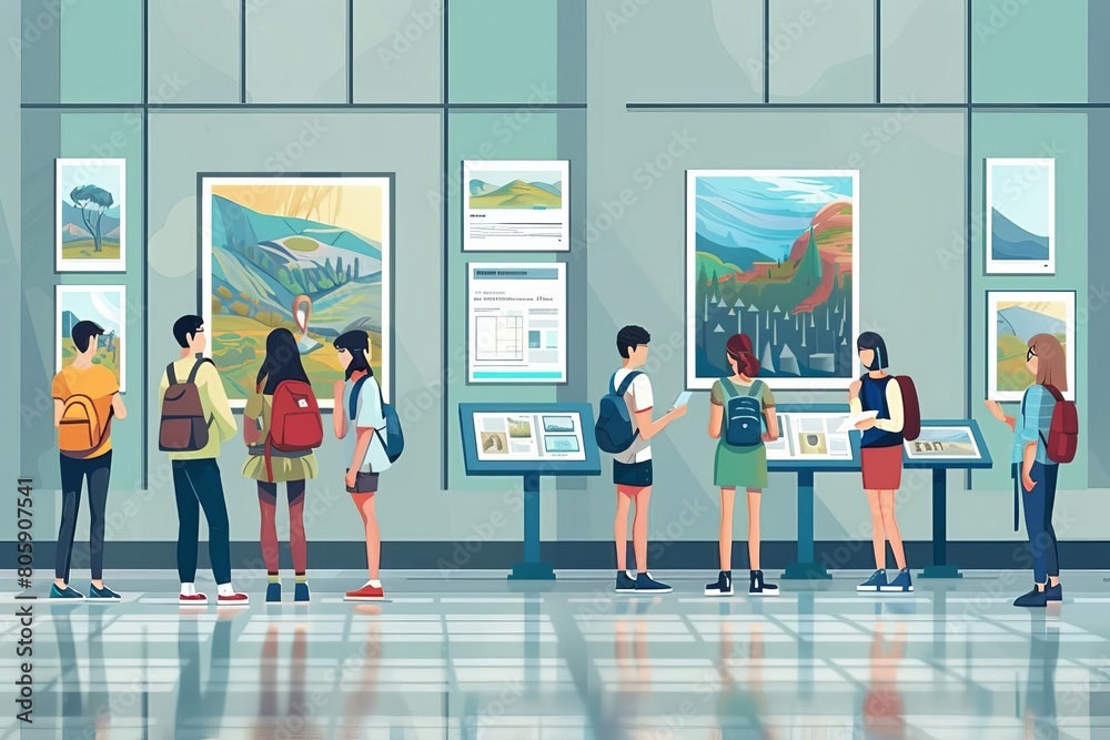 Field trip to a museum in flat design, with students looking at ...