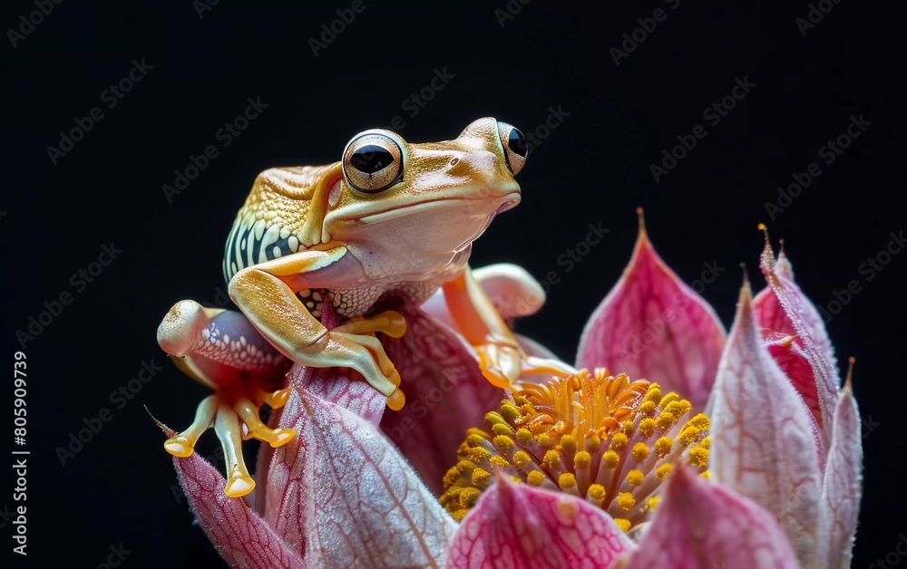 Flying frog sitting on a flower stalk, beautiful tree frog on a pink ...