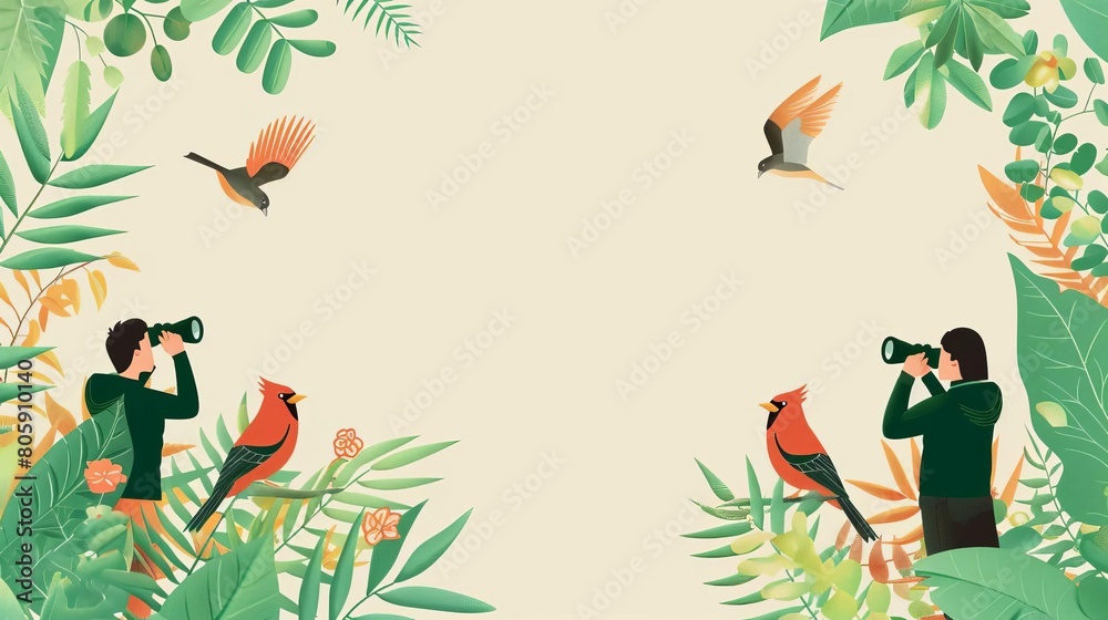 Nature guide birdwatching in flat design, with binoculars and a group ...