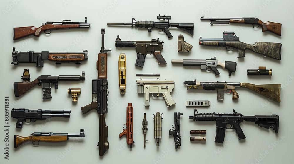 A collection of various types of firearms laid out on a neutral ...