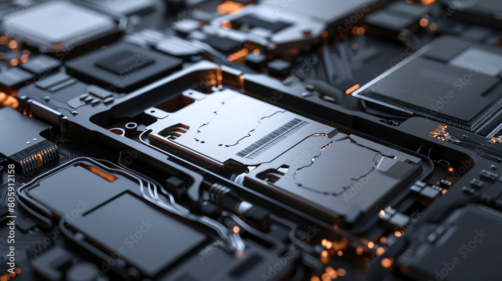 An up-close image of a computer chip. The chip is made of silicon and ...