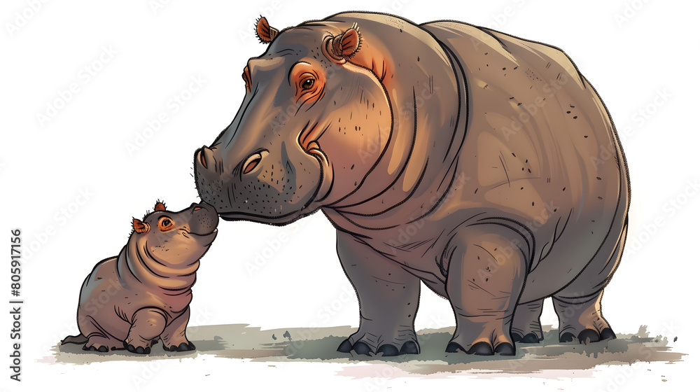 A cute cartoon illustration shows an adult hippopotamus and baby hippo ...