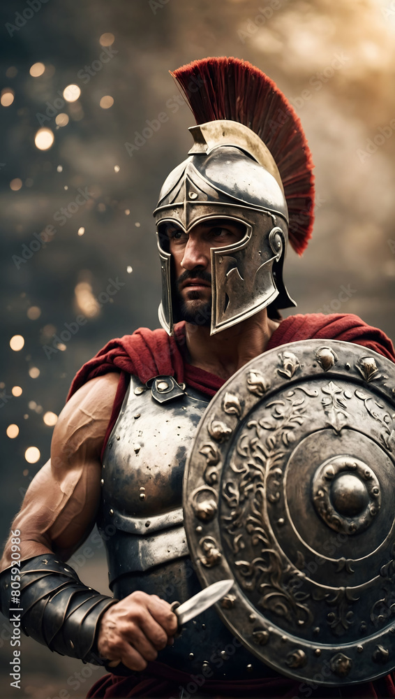 Muscular Spartan soldier in battle-worn armor, brandishing a shield and ...