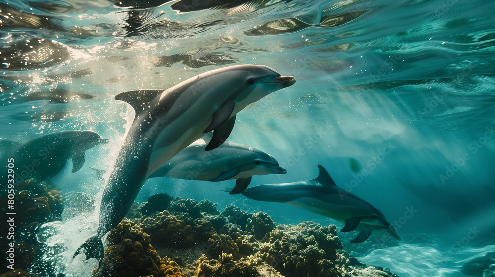 A pod of dolphins swimming in a clear, turquoise ocean, with a lone dolphin breaking the surface ...