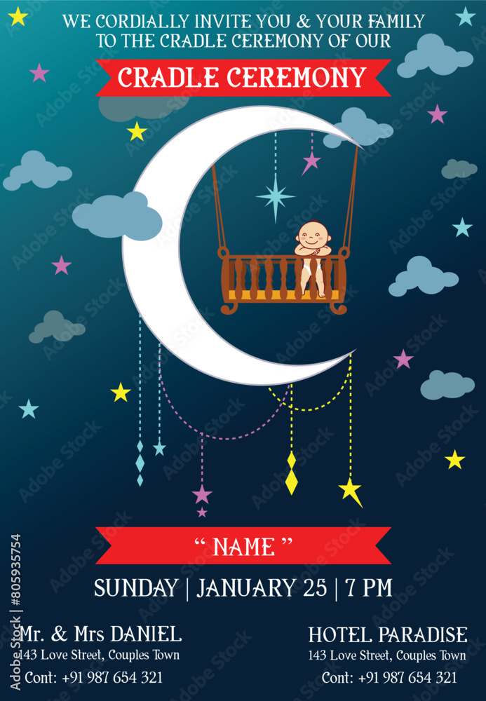 Cradle ceremony invitation and greeting card with half moon theme ...