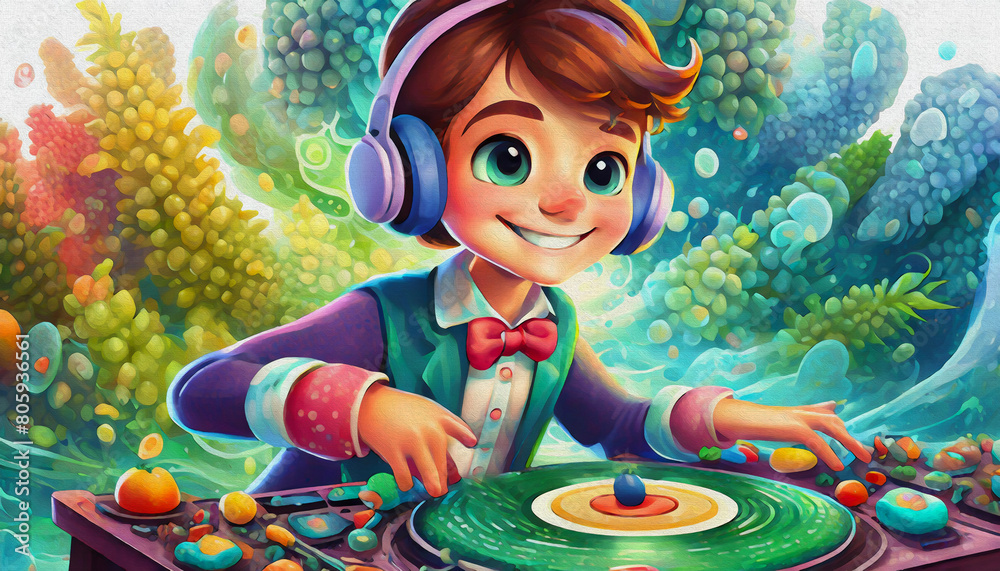 oil painting style CARTOON CHARACTER cute DJ doing record Scratching in ...