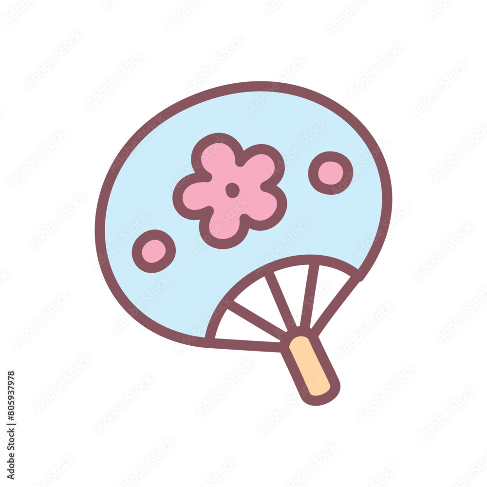 Cute paper fan icon. Hand drawn illustration of a japanese hand fan ...