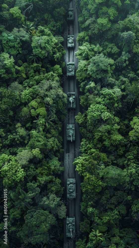 An aerial view of an Military tank M1 Abrams column moving through a ...