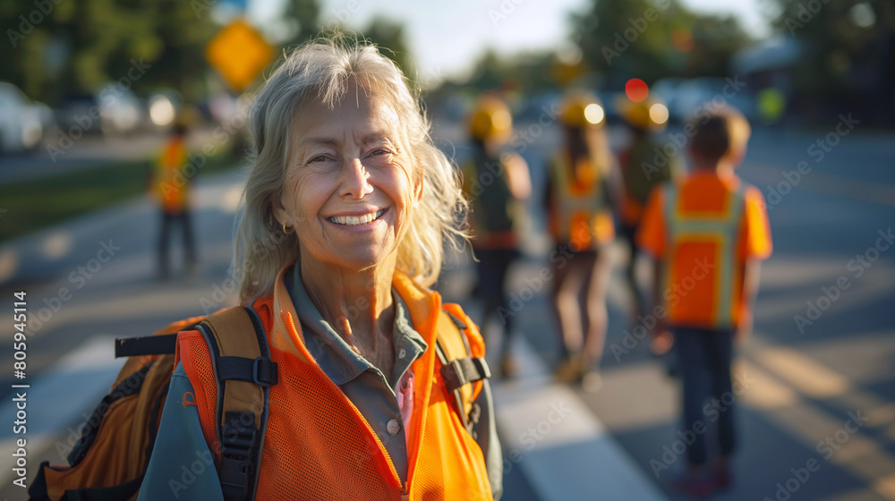 Wide shot 50 year old woman school crossing guard, smiling, happy ...