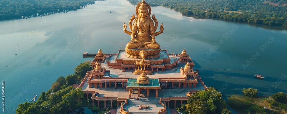 Aerial drone view of the gigantic statue of Hindu goddess Durga Maa ...