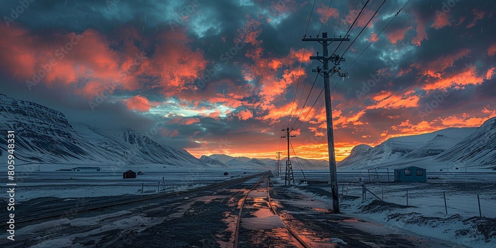 Ruined telephone poles with snow capped mountains in the background in ...