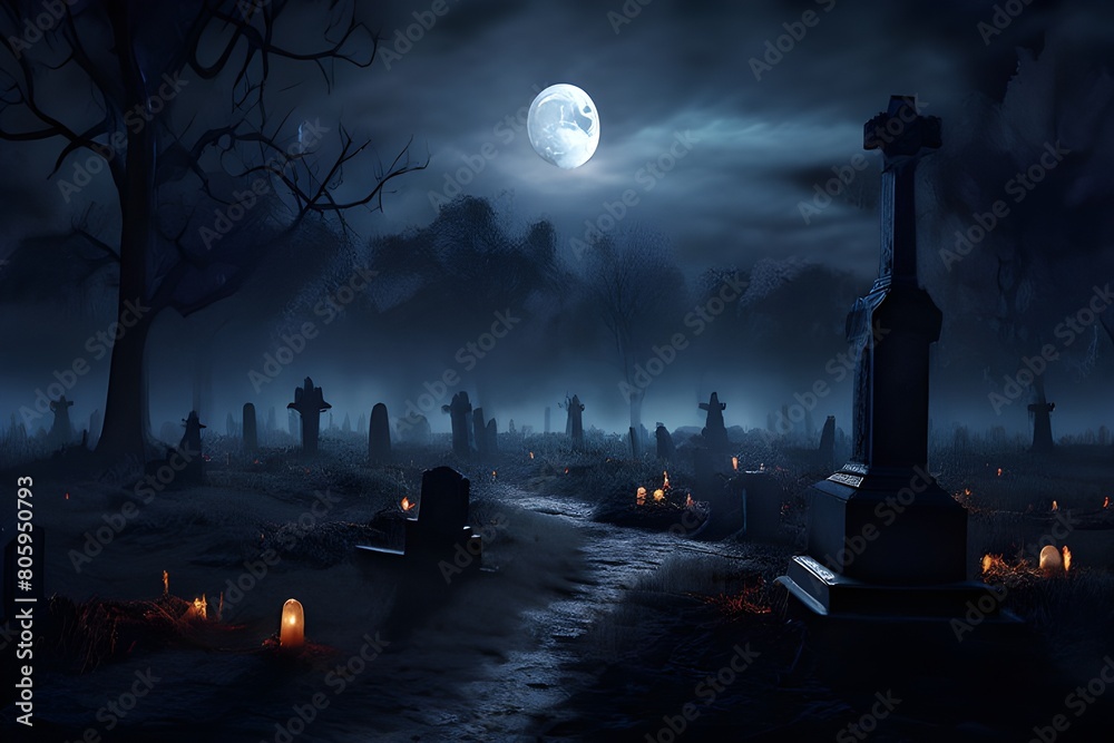 A night time graveyard under a full moon.Halloween theme with vintage ...